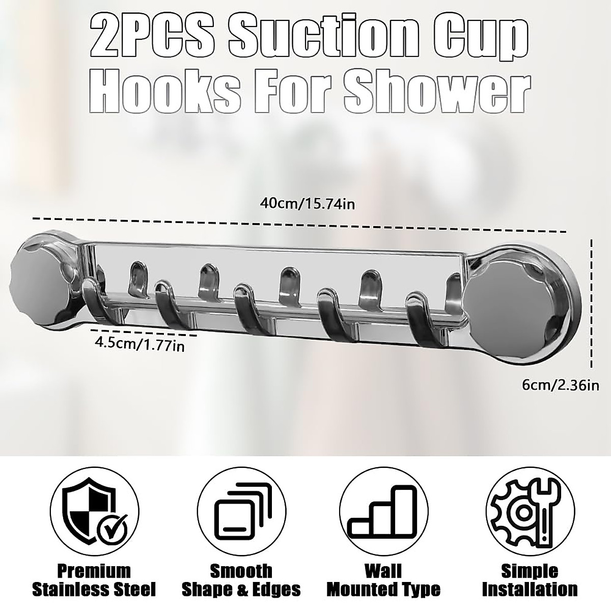 SEILETOO 2PCS Suction Cup Hooks for Shower, Waterproof No Drill Hook, Removable Reusable Stainless Steel Shower Hooks for Loofah, Kitchen, Glass Door, Window, Mirror, Smooth Tile