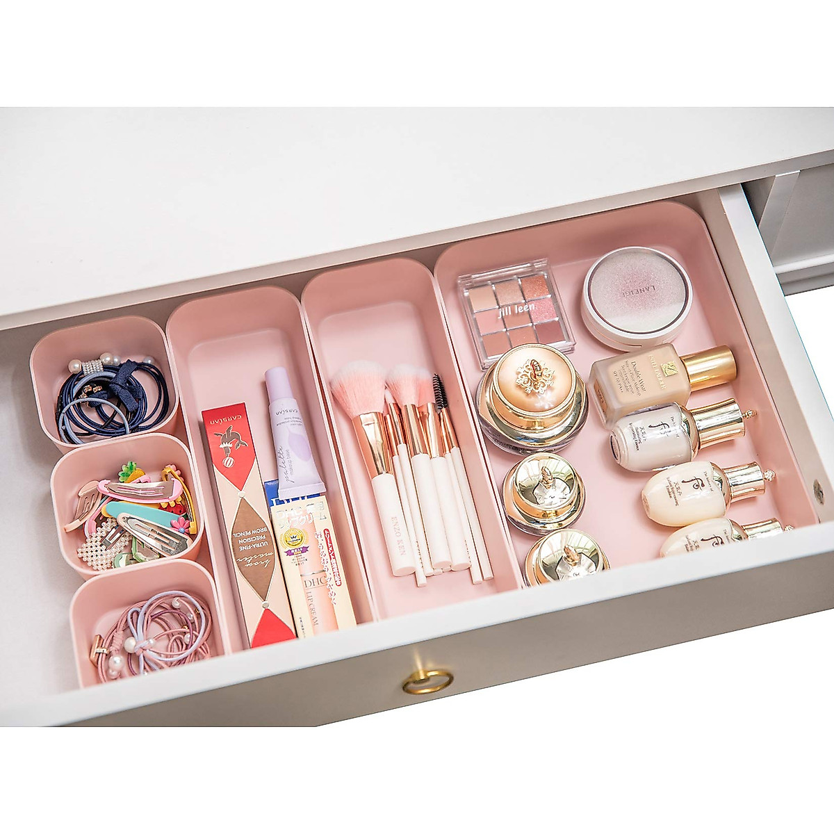 Backerysupply Set Of 12 Pink Color Plastic Desk Drawer Organizers For Makeup Bathroom Office Kitchen Vanity Drawer Storage Box Container