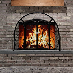 Uniflame Single Panel Black Wrought Iron Ornate Fireplace Screen with Doors