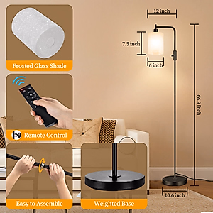 OUTON Modern Floor Lamp, Dimmable Industrial Floor Lamp with Remote Control, Stepless Color Temperature, Timer, LED Tall Stand Lamp with Hanging Frosted Glass Shade for Living Room, Bedroom, Office