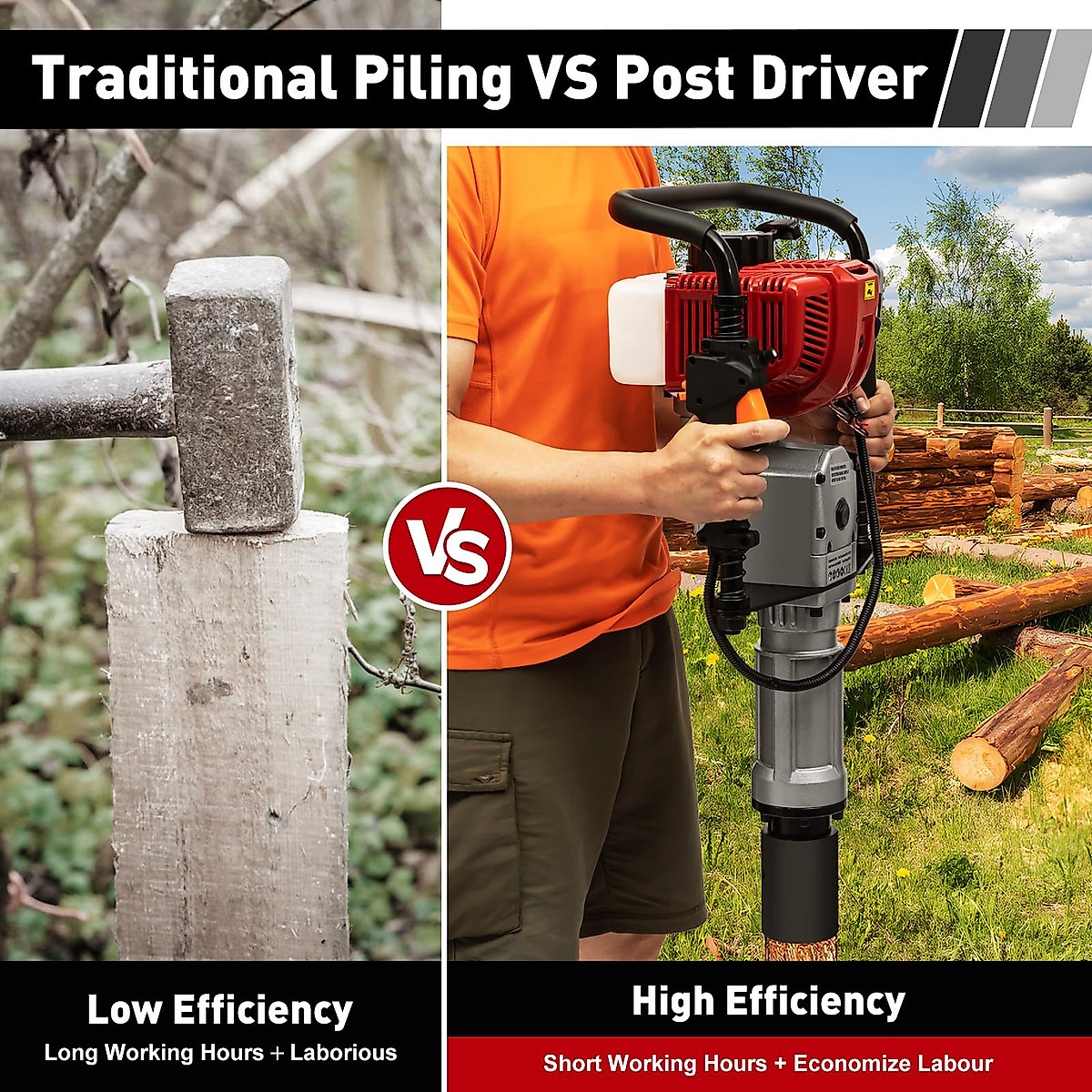 Pile Driver Hammer, 2 Stroke 52CC Gas Powered T Post Driver Hammer Drills Engine Air Cooling Single Cylinder Gasoline Petrol Garden Fencing Tool Machine with 2 Post Driving Head