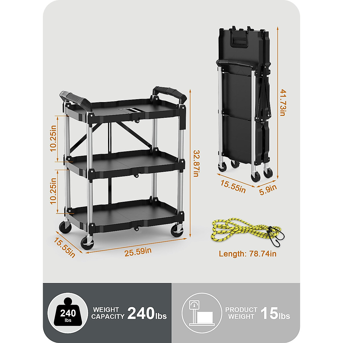 HIMIX Foldable Utility Carts with Wheels, 3-Tier Holds 240lbs Folding Rolling Cart with Fixed Rope, Collapsible Service Cart for Home, Office, Garage, and Warehouse - No Assembly Required