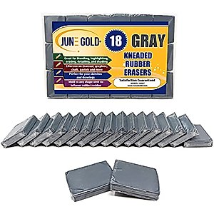 June Gold Kneaded Rubber Erasers, Gray, 18 Pack - Blend, Shade, Smooth, Correct, and Brighten Your Sketches and Drawings