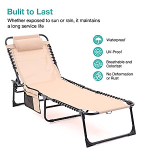 Unovivy Set of 2 Outdoor Lounge Chairs Fold TanningChair 4-Level Adjustable, Portable Pool LoungeChair with Headrest&SidePocket, Khaki