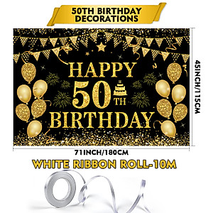 50th Birthday Decorations for Men Women - Happy 50th Birthday Banner Party Decorations Black Gold 50 Years Birthday Party Suppiles Background for Home Outdoor Birthday Decor(71 x 45 inch)