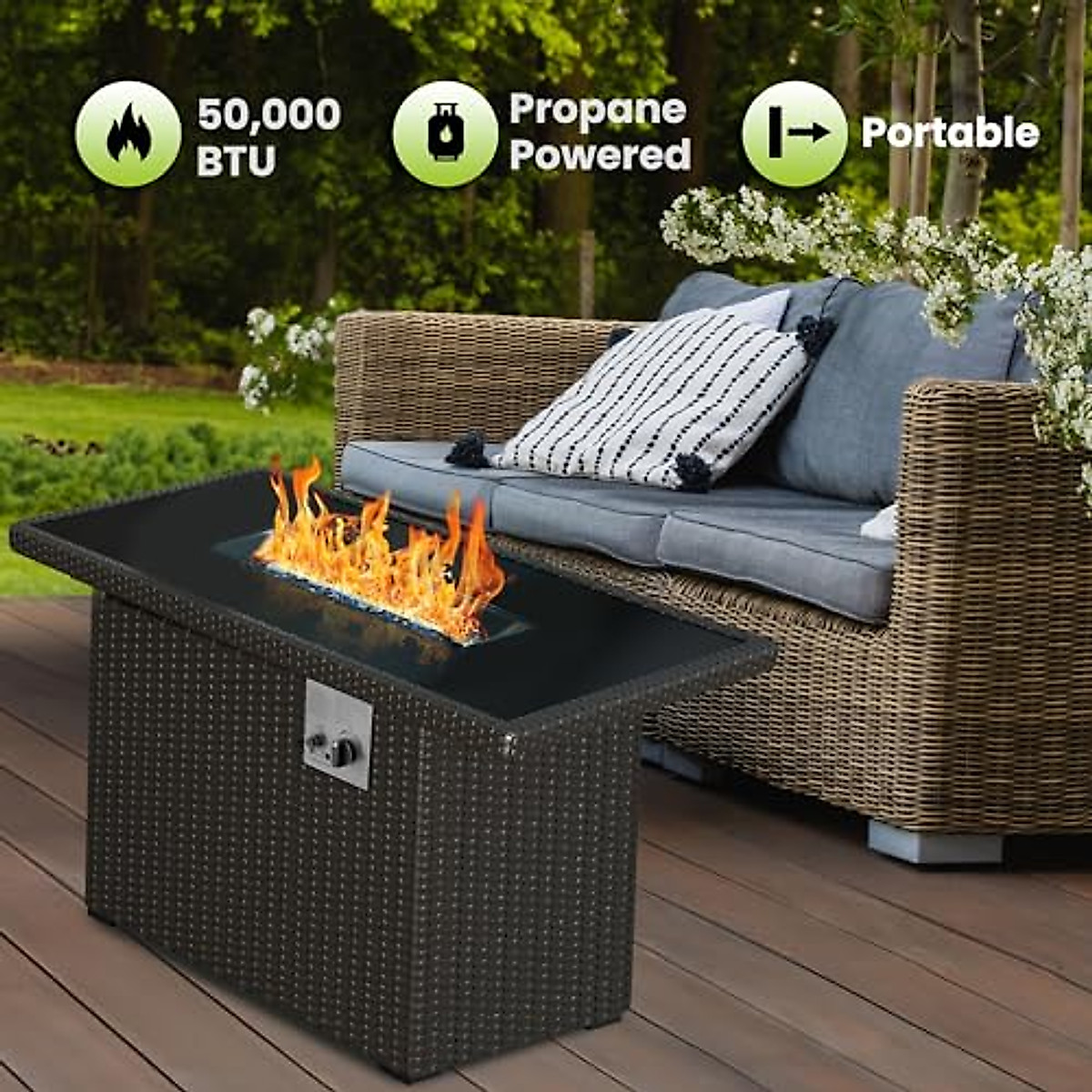 PRIMETEK 2-in-1 Fire Pit Table for Patio, Brown Wicker - 44", 50,000 BTU, Wind Guard, and Glass Rocks (FPH-BRN) (44" x 32" x 24")