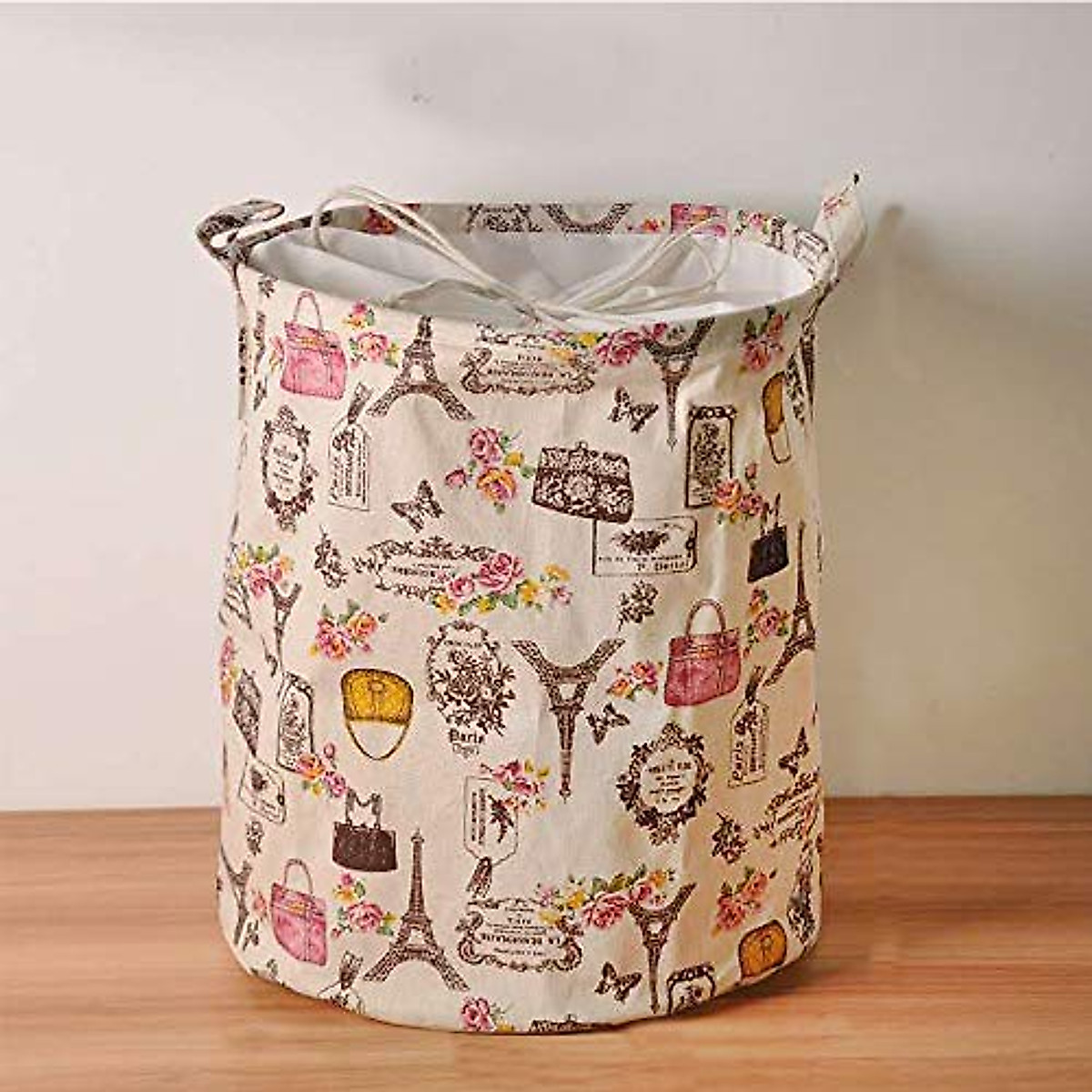 Paris Printed Laundry Hamper Canvas Fabric Laundry Basket,Collapsible Storage Bin with Handle and Drawstring Closure for Girls Room, Canvas Organizer Basket 15.7 by 19.7 inches, Waterproof Inner, Pink