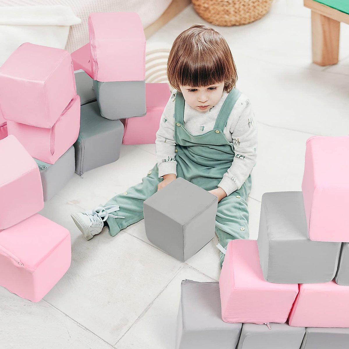 TRENDBOX 12 Pcs Toddler Foam Blocks, 5.5inch Soft Foam Cubes Blocks with Detachable Washable Cover, Soft Play Blocks for Toddlers and Kid （Light Gray & Pink）