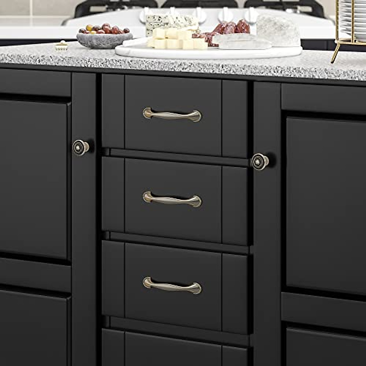 Home Styles Large Mobile Create-a-Cart Black Finish Two Door Cabinet Kitchen Cart with Salt and Pepper Granite Top, Adjustable Shelving