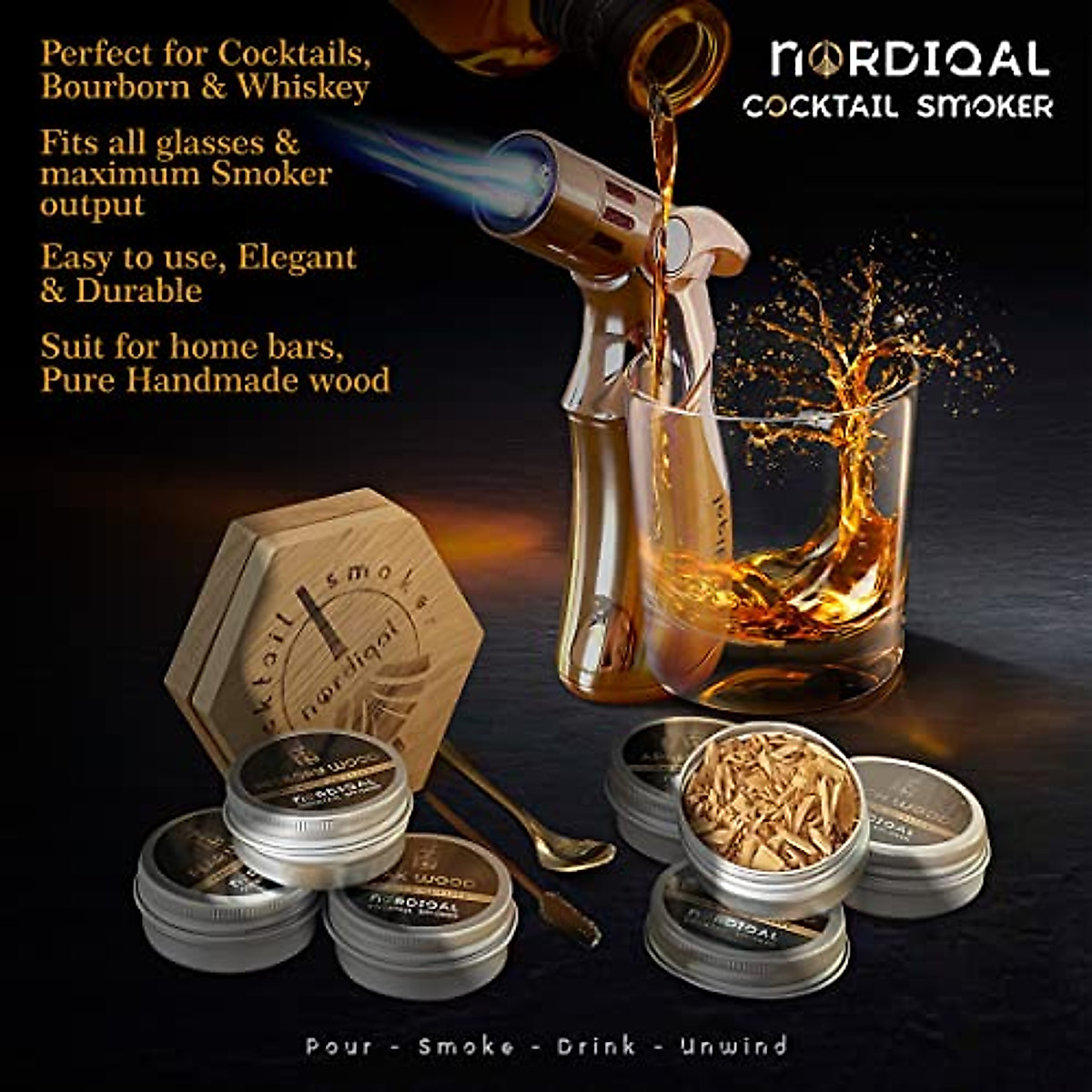 NORDIQAL Cocktail Smoker Kit with Torch, 6 Wood Chip Flavors for Whiskey and Bourbon (Butane Not Included) - Distressed Smoke Lid and Premium Packaging, Old Fashioned Whiskey Drink Smoker Infuser Kit