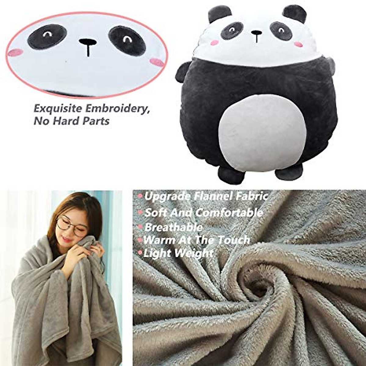 Hofun4U Soft Panda Plush Hugging Pillow 16 Inch, Cute Anime Throw Pillow Stuffed Animal Doll Toy with Coral Fleece Blanket, Girls Boys Gifts for Birthday, Valentine, Christmas, Travel, Holiday