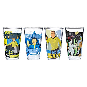 Silver Buffalo Star Trek Quotes Kirk, Spock, McCoy, and Uhura 4pc Pint Glass Set, 16 Ounces