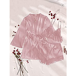 Verdusa Women's Satin Pajama Set 3 Piece Lace Trim Camisole and Shorts with Robe Pink L