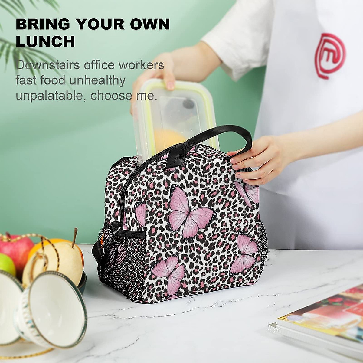 Pink Butterfly Leopard Lunch Bag, Lunch Box Portable Insulated Lunch Tote Bag, Thermal Cooler Bag for Women Work Outdoor