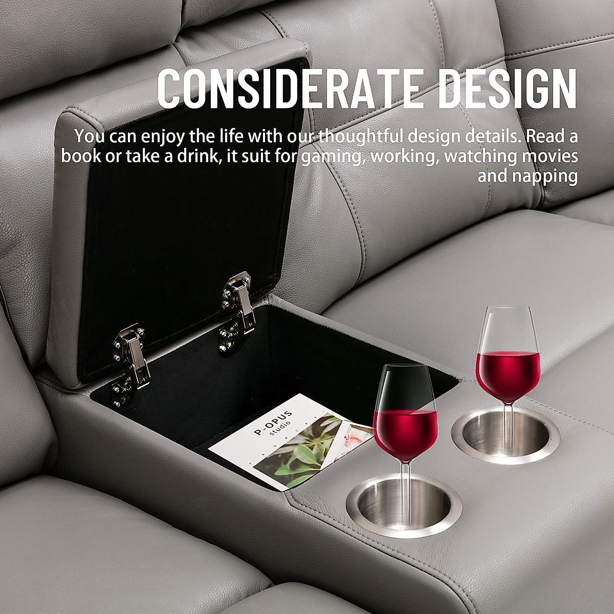 Nathaniel Home PU Leather Sectional Sofa Set with 2 Consoles Fashion Living Room Recliner Chair with Storage Box, L-Shaped Corner Couch with Cup Holders, Foggy Grey