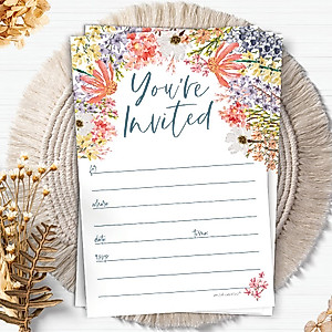 Wildflower Invitations With Envelopes (20 Count) - Floral Boho Garden Theme For Bridal Shower, 1st Birthday, Adult Birthday, Brunch or Baby Shower