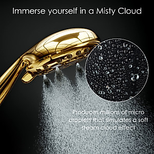 Aquarius Mist Handheld Gold Shower Head With Hose (Extra Long) Spa Grade High Pressure Hand Held Showerhead Wand With 6 Spray Settings – Adjustable Mount Holder & Teflon Tape - Polished Brass
