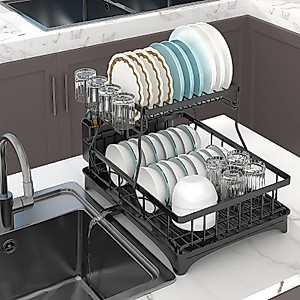 XIYAO Kitchen Dish Dring Rack with Drainboard, 2-Tier in Sink Dish Drying Rack with Utensil Holder for Kitchen Counter, Large Capacity Dish Strainers with Water Bottle Drying Rack (Black)