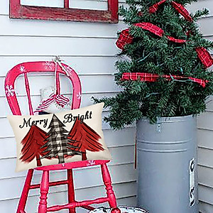 Fukeen Merry Bright Christmas Tree Pillow Covers 12x20 Inch Black White Buffalo Plaids Checked Xmas Red Trees Farmhouse Decorations Throw Waist Pillow Cases Cotton Linen Winter Cushion Cover