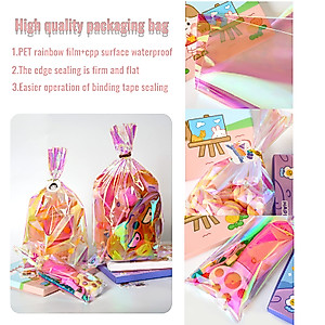 50pcs Iridescent Holographic Cellophane Bags,4x10inches Candy Treat Bags Party Favor,Cookie Goodie Bags with 50pcs Gold Twist Ties for Baby Showers Weddings Birthday Christmas Thanksgiving Halloween
