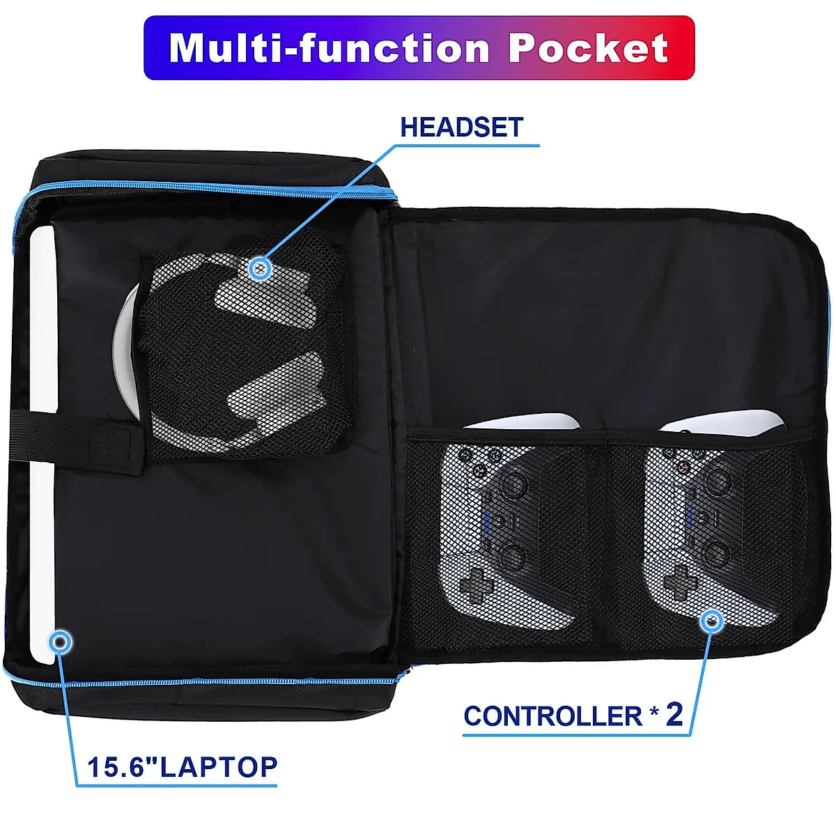 PS5 Backpack Travel Bag Slim - 15.6" PS5 Backpack Bag, PS5 Carrying Case Travel Bag, PS5 Backpack Compatible with Playstation 5 Disc/Digital/Slim Edition Console, Controller, Base, Game Discs, Laptop