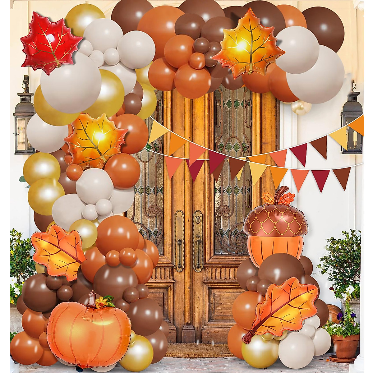 Fall Thanksgiving Decorations Balloon Garland Arch Kit Orange Brown Coffee Foil Balloons Triangle Flag for Autumn Little Pumpkin Baby Shower Birthday Party Supplies