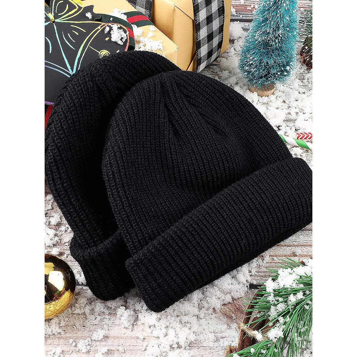 SATINIOR mens 2 Pieces Winter Short Fisherman Beanie Trawler Watch Edge Skullcap Men's Hat, Black, Medium