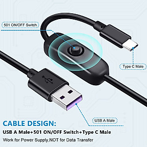 ELECTOP USB Charging Switch Cable, USB A to USB C,USB Type C Fast Charge Cable with ON/Off Switch,Compatible with Raspberry Pi 4 B, USB Desk Lamp/Fan, LED Strip String, Easy Start/Reboot(2 Pack)