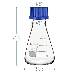 stonylab Erlenmeyer Flask with Blue Screw Cap Graduated Lab Borosilicate Glass Conical Flask, 100 ml
