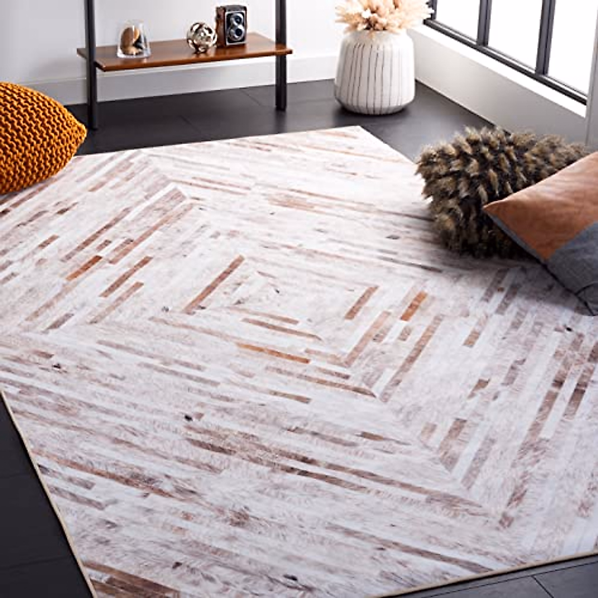 Safavieh Faux Hide Collection Machine Washable Slip Resistant 8' x 10' Beige/Brown FAH526A Rustic Lodge Modern Glam Bedroom Living Room Area Rug