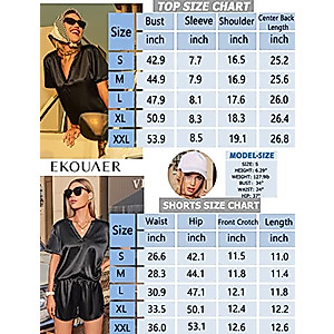 Ekouaer Womens Satin Sleepwear 2 Piece Pajamas Silk Pjs Short Sleeve Top and Loose Shorts Nightwear with drawstring Black