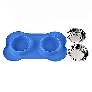 FUUIE Bowls for Food and Water Silicone Bone Double Dog Bowl Pet Pad Pet Feeding Bowl Non-Slip Leakproof Dual-Use Pet Mat Black and Blue (Color : Blue)