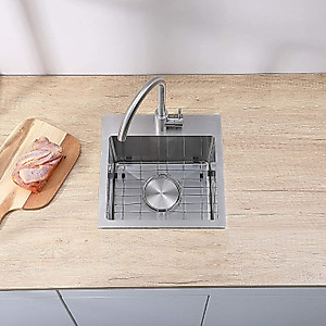 VAPSINT 15x15 inch 304 Stainless Steel Drop in Wet Bar Sink,Single Bowl Topmount Prep Rv Small Kitchen Sink with Grid and Drain