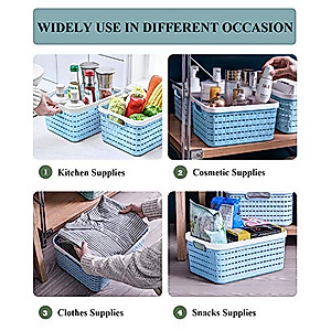 5Pack Plastic Storage Basket Blue, Desktop Weave Baskets with Handle, Portable Bathroom Open Storage Bin, Small Plastic Containers Shelf Brackets for Shelves Countertop Kitchen Cabinet Office