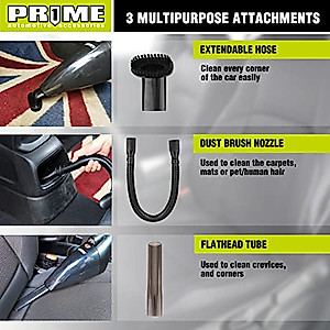 PR1ME Handheld Car Vacuum Cleaner, DC 12V Portable Car Vacuum Cleaner, Strong Suction High Power Hand Vacuum, LED Light, w/ 3 Attachments, 16 Ft Cord, Lightweight Dry Wet Amphibious Vehicle Cleaner