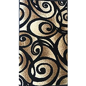 Bellagio Modern Doorway Mat Contemporary Area Rug Black Beige Abstract Swirl Design 341 (2 Feet X 3 Feet 4 Inch)