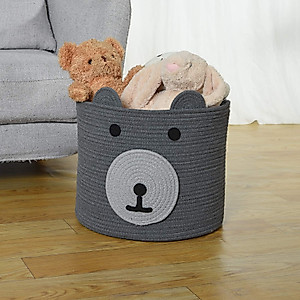 InfiBay Baby Toy Storage, Cotton Rope Storage Basket with Bear Design, Toy Storage Bin with Handles, Woven Laundry Hamper, Baby Nursery Organizer for Toys, Blanket, Clothes, Towels, 12”(D) x 11”(H)