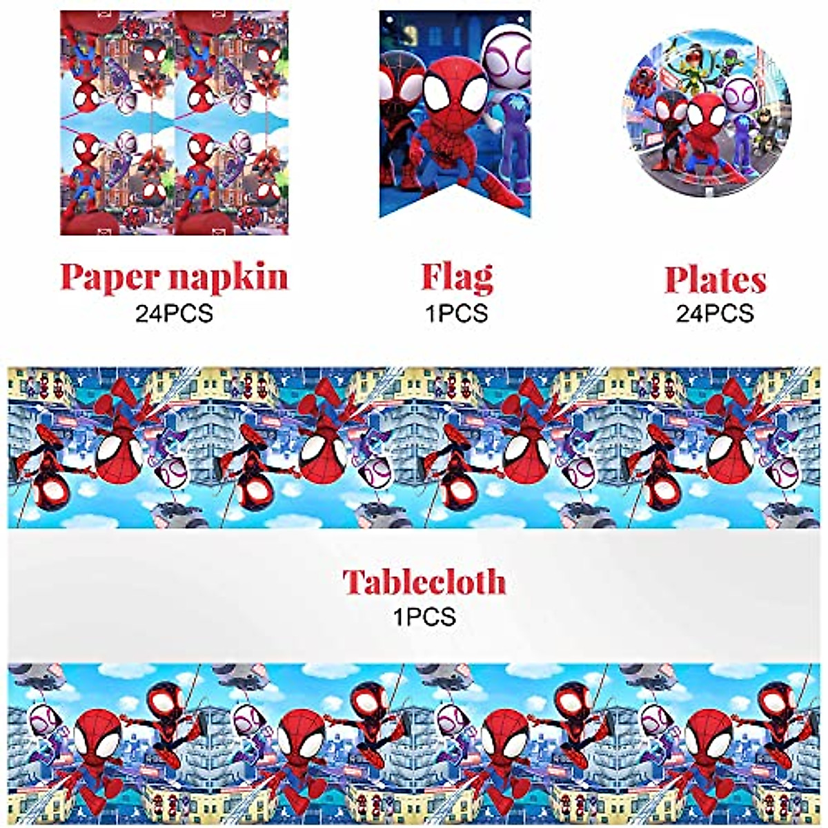50pcs Spidey and His Amazing Friends Birthday Party Supplies Decorations, 24 Plates, 24 Napkins, 1 Tablecloth and 1 Pull Flag, Birthday Party Favors for Kids Boys Girls