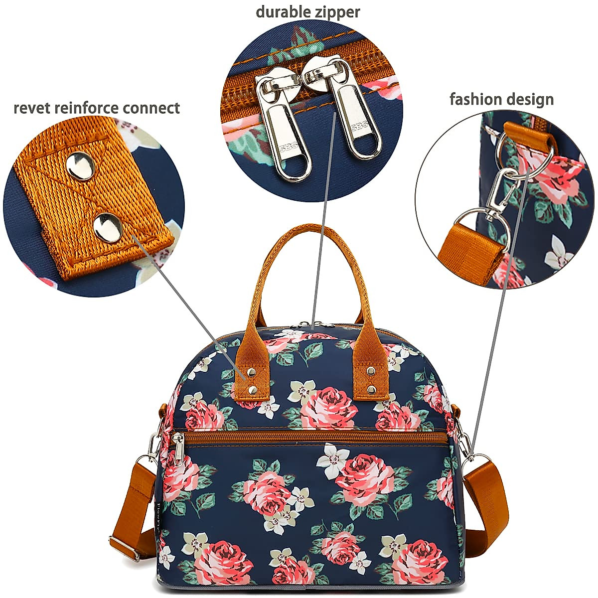 FlowFly Insulated Lunch Bag With Shoulder Strap for Women, Men, and Kids, Large and Reusable, Handle, Freezable Work and School Travel Tote and Meal Prep Organizer,Peony