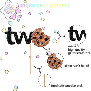 Cookie Two Cake Topper, Happy 2nd Birthday Cake Topper, Brown Giltter Cookie Cake Decor for Baby Shower, Two Years Old Birthday/Anniversary Party Decoration Supplies