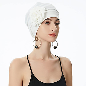 ZLYC Women Turban Beanie Hat with Flower Chemo Headwear Elastic Head Wrap Cap (Floral White)