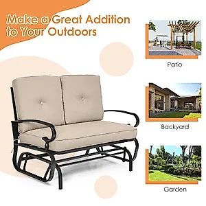HAPPYGRILL Outdoor Swing Glider Bench Patio Loveseat Glider with Comfortable Cushions, 2 Persons Rocking Glider Chair for Porch Balcony Garden Poolside