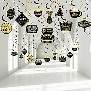 30 Pieces Retirement Party Hanging Swirls Decorations, Happy Retirement Office Retirement Swirls Decorations Foil Ceiling Decorations for Men Women Retirement Party Black Gold
