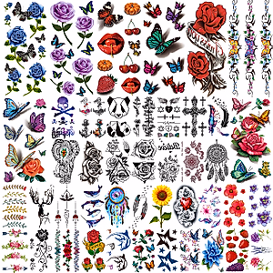 Rejaski 44 Sheets Various 3D Rose Flowers Butterfly Temporary Tattoos For Women, Watercolor Tatoos Kids Tattoos Temporary Feather Dreamcatcher, Realistic Cross Anchor Fake Arm Neck Tattoo Sticker Kit