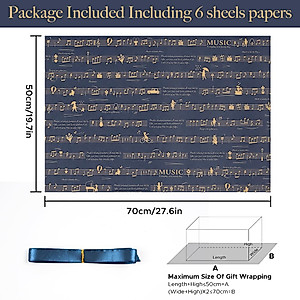 NEPOG Music Wrapping Paper, 6 Sheets Black Musical Notation Piano Score Musician Gift Wrap Folded Flat 20x28 inches per Sheet with Ribbon for Women Men Birthday Wedding Music Concert
