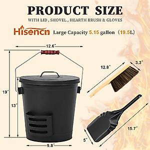 Hisencn Ash Bucket with Lid and Shovel, 5.15 Gallon Large Galvanized Metal Coal and Hot Ash Pail for Fireplace, Hearth, Charcoal Wood Fire Pits Burning Stoves Indoor and Outdoor