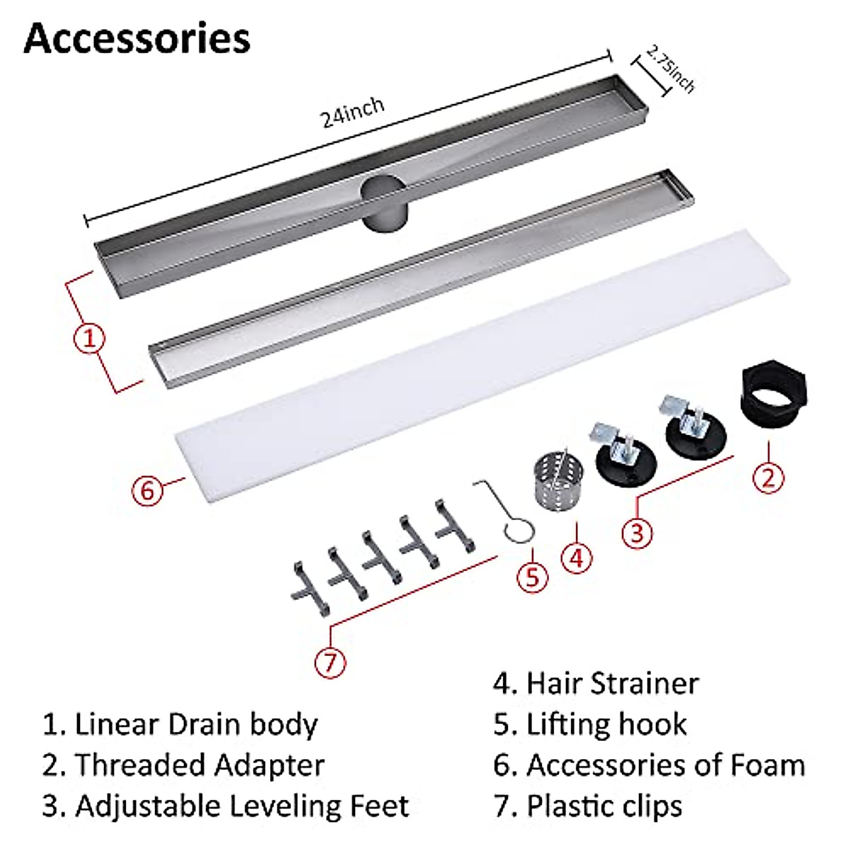 24 inch Linear Shower Drain with Removable Square Hole Panel by Using Brushed 304 Stainless Steel Process, Linear Drain Equipped with Adjustable Feet and Hair Strainer
