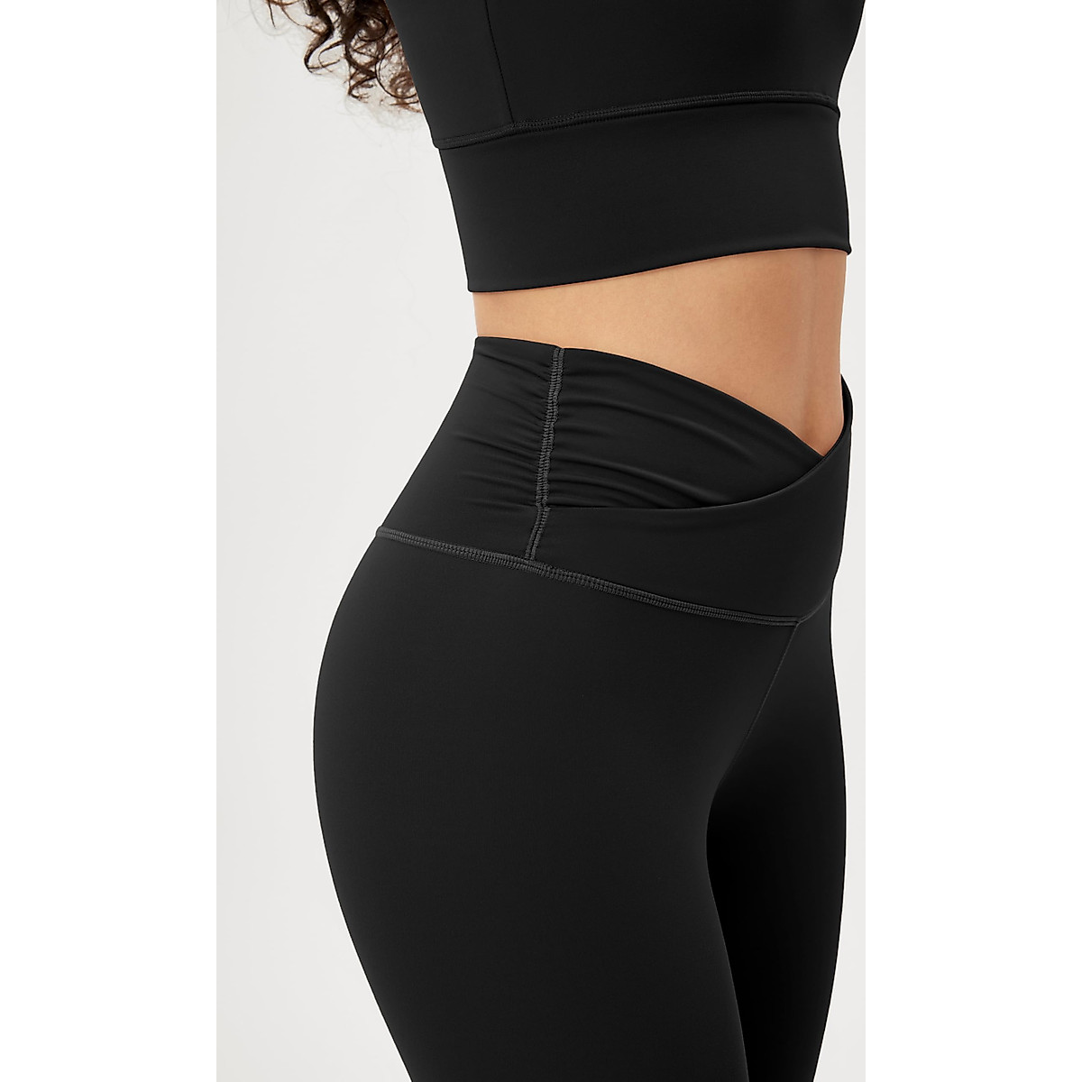 ODODOS Women's Cross Waist Full Length Yoga Leggings with Inner Pocket, Inseam 28" Gathered Crossover Workout Yoga Pants, Black, X-Small