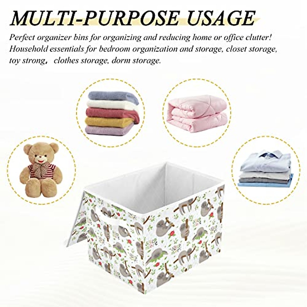innewgogo Cute Sloths Storage Bins with Lids for Organizing Foldable Storage Box With Lid with Handles Oxford Cloth Storage Cube Box for Toys