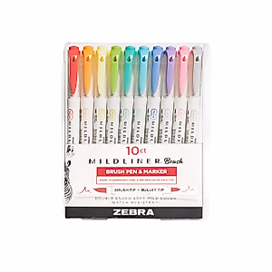 Zebra Pen Mildliner Brush Marker, Double Ended Brush and Fine Tip Pen, Assorted Soft Colors, 10 Pack